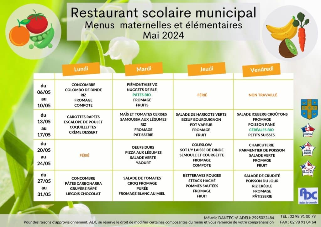 Restaurant scolaire : menu du mois de Mai - Mairie de Clohars-Fouesnant